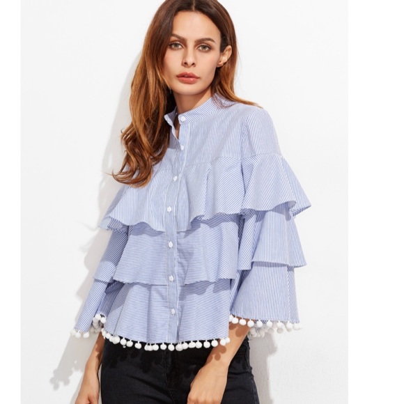 Tops | Pom Pom Trip Layered Ruffle Top In White And Blue | Poshmark
